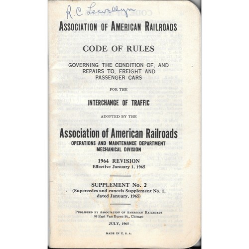 1965 Association of American Railroads Code of Rules Book Supplement No ...