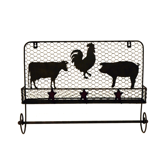 New Country Farmhouse Cow Pig Rooster Black Wire Shelf Towel Holder ...
