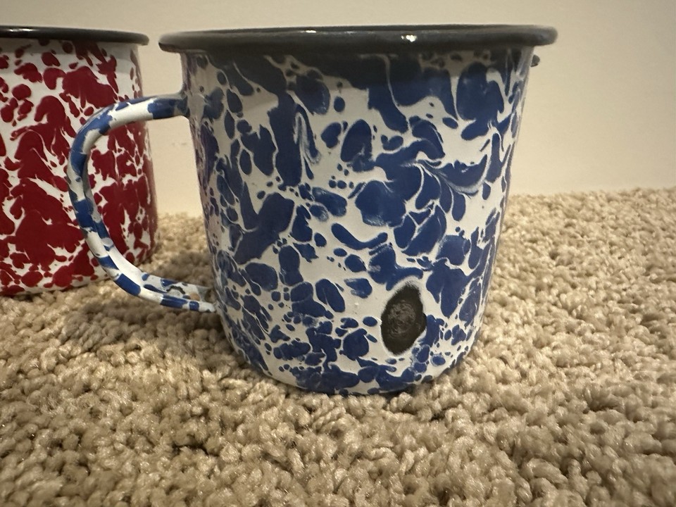 3 Splatter Ware Cups Blue Red Green /White Enamelware Camping Cowboy ...