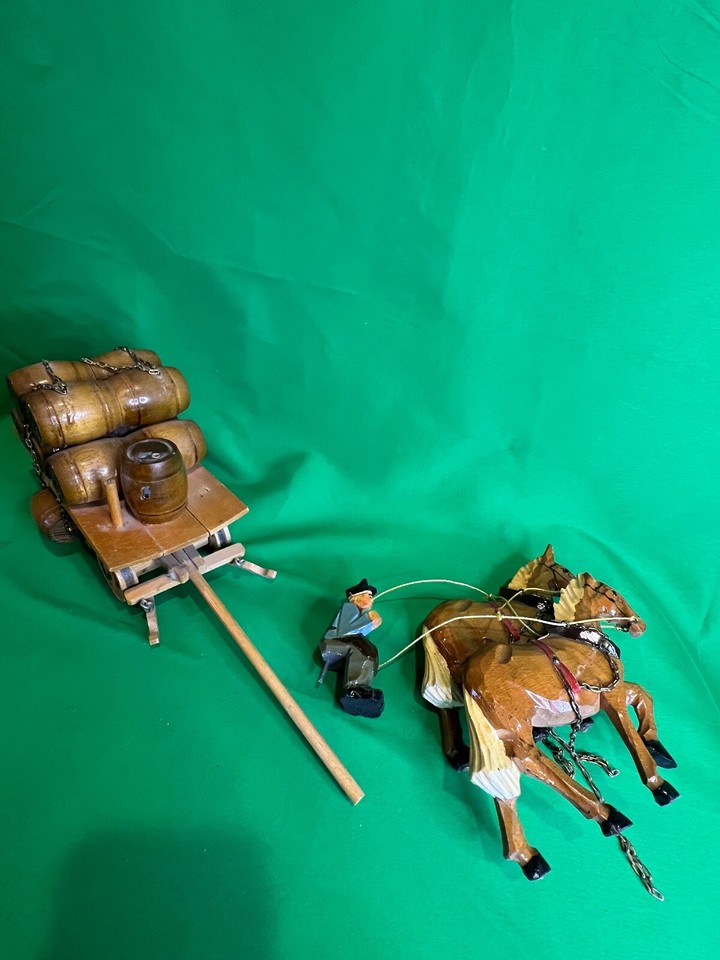 Hand Carved German Beer Cart w 2 horse Team & Wagoneer, HB on Barrels ...