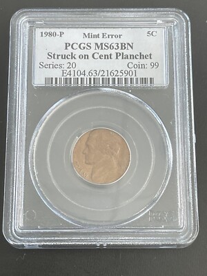1980-P JEFFERSON 5 CENT STRUCK ON CENT PLANCHET MINT ERROR PCGS MS-63 ...
