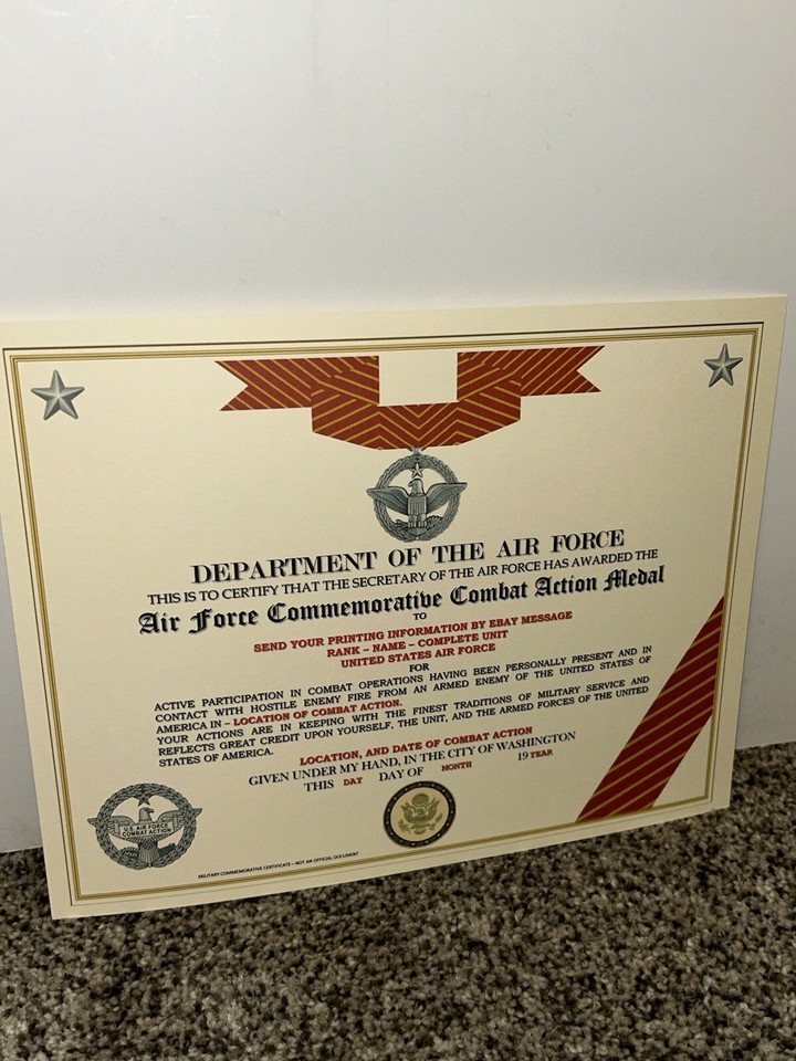AIR FORCE COMBAT ACTION MEDAL COMMEMORATIVE CERTIFICATE ~ TYPE-2 / W ...