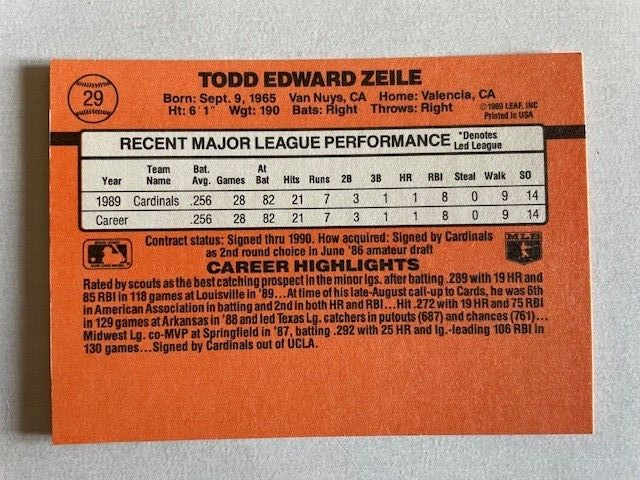 1990 Donruss Rated Rookie #29 Todd Zeile ERROR missing (.) CARD RC ...