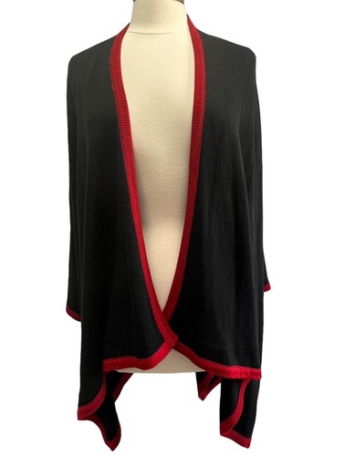 Cejon Knit Poncho Wrap Shawl Women's OS One Size Black Red Trim Open ...