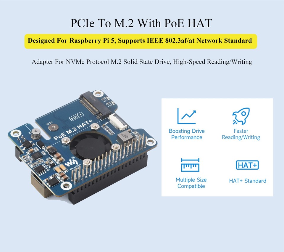 PCIe to M.2 Adapter with PoE HAT for Raspberry Pi 5 Power Over Ethernet ...
