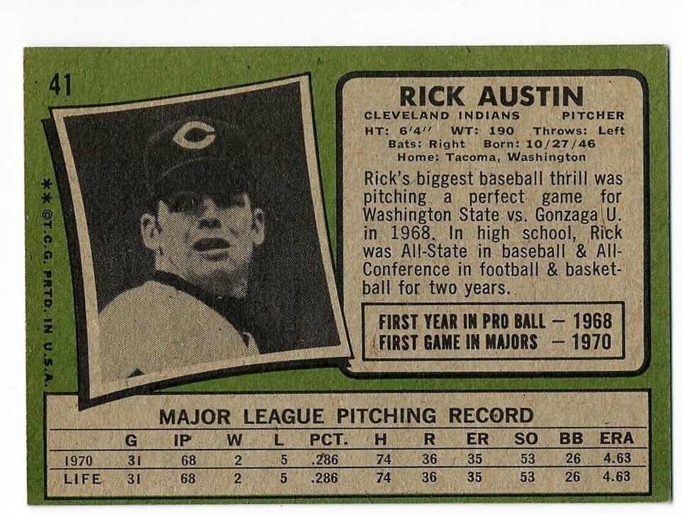 1971 TOPPS CLEVELAND INDIANS RICK AUSTIN #41 MID GRADE ROOKIE CARD | eBay