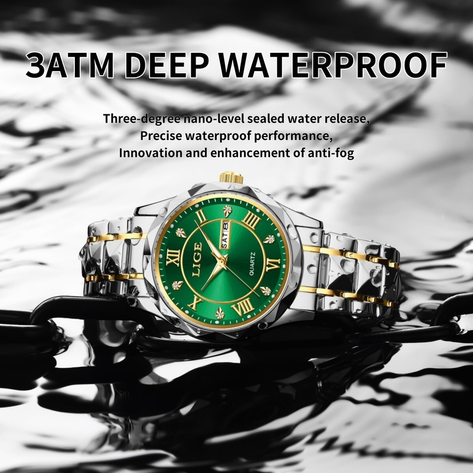 LIGE Men Watch Quartz Stainless Steel Luminous Date Green Dial Daily ...