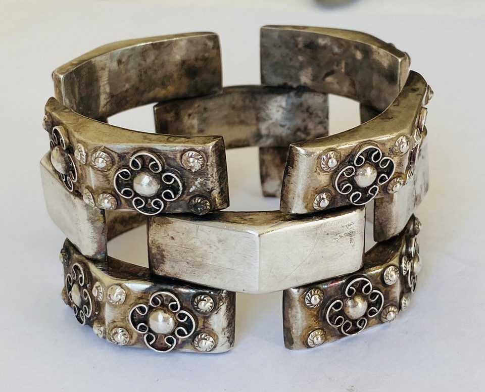 HEAVY Vintage Sterling Silver Mexico Wide Panther Link Bracelet 7.5” 64 ...