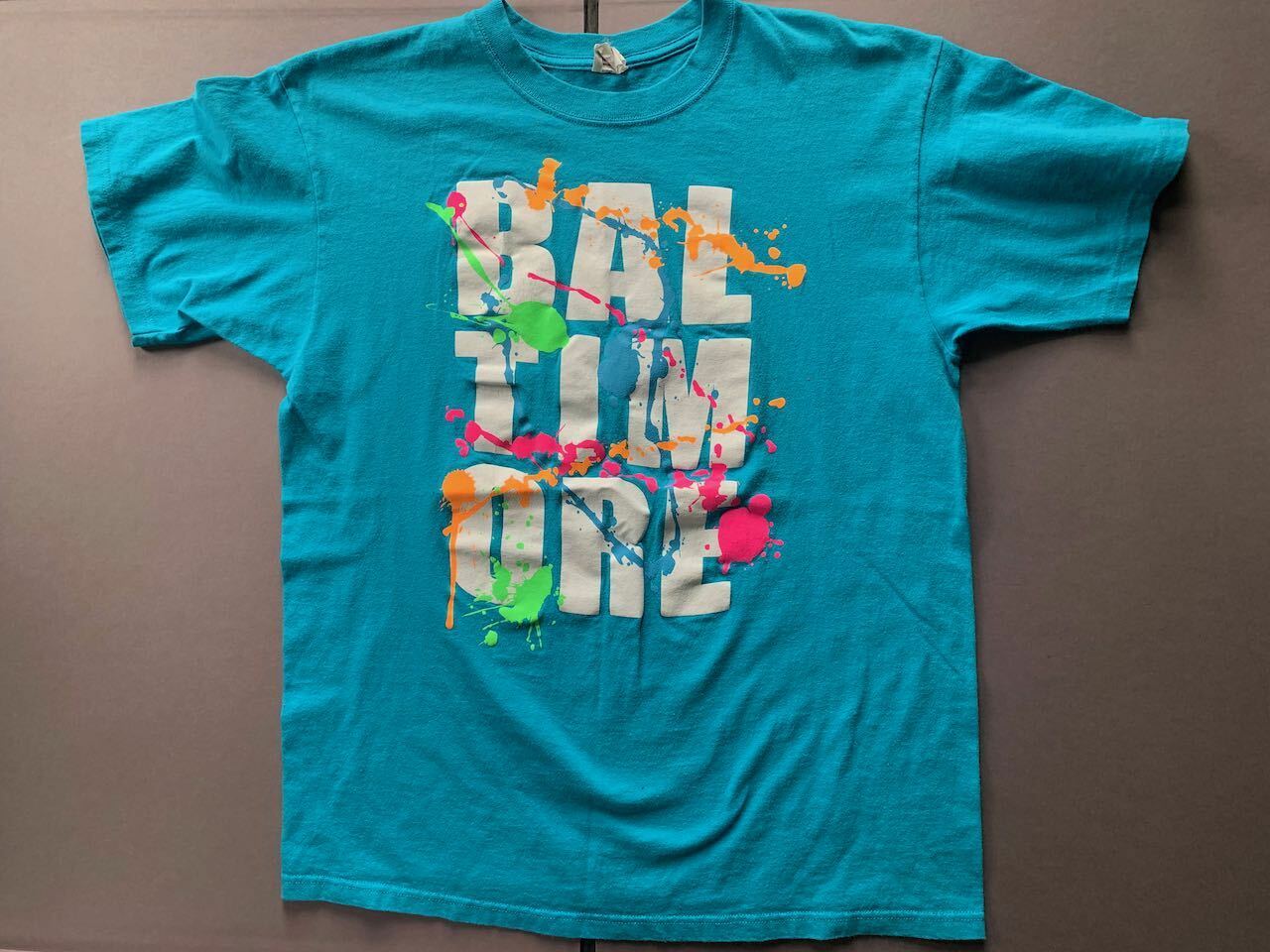 1990s New Wave neon paint splatter BALTIMORE teal pin… - Gem