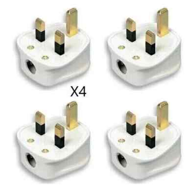 4 x 13A UK 3 Pin Fused White Mains Plastic Plug 13 Amps Household Mains ...