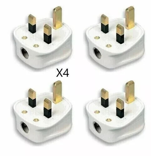 4 x 13A UK 3 Pin Fused White Mains Plastic Plug 13 Amps Household Mains ...