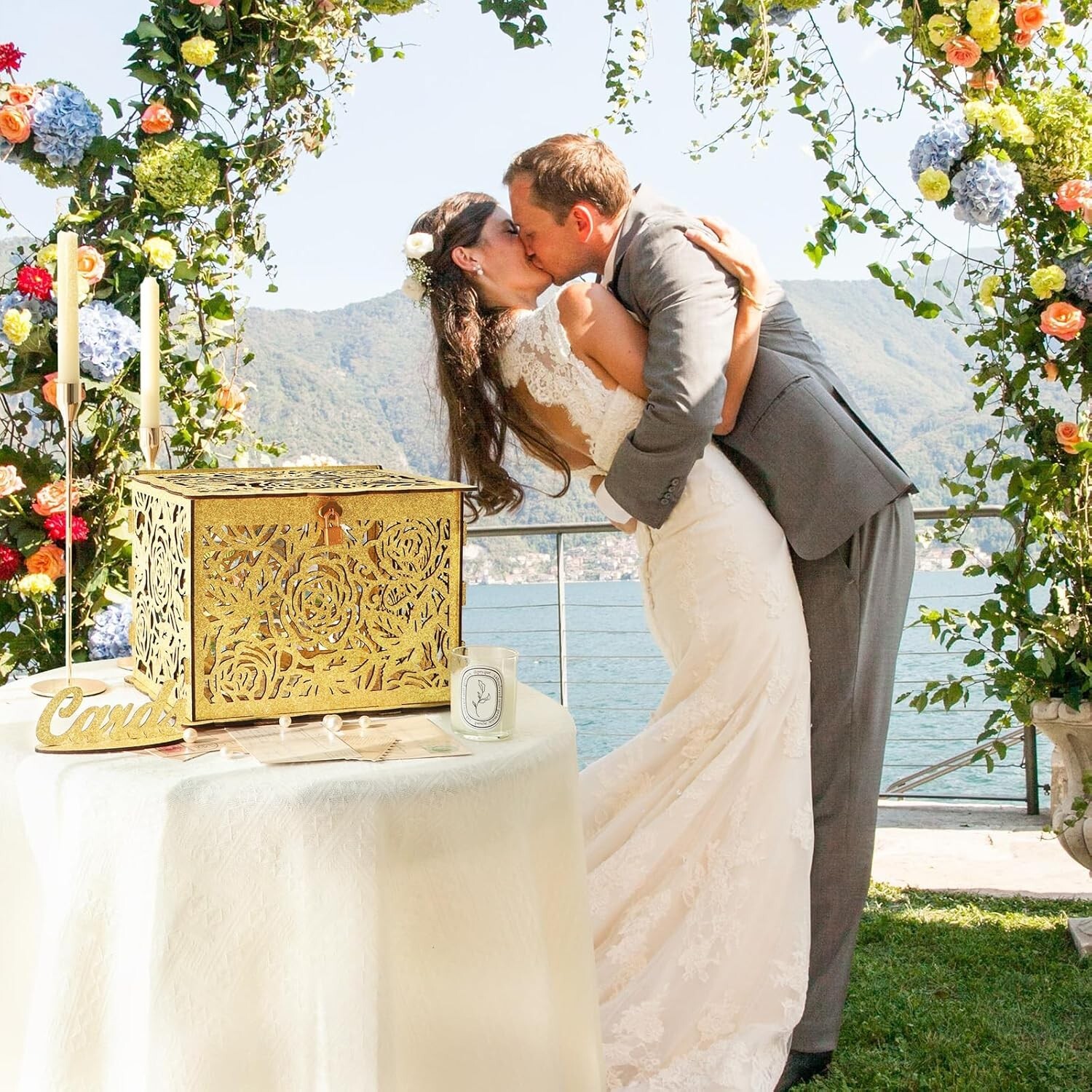 Glittery Gold Wedding Card Box with Lock Wooden Gift Card Box for ...