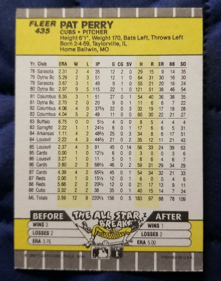 1989 Fleer Baseball Card #435 Pat Perry - Chicago Cubs | eBay