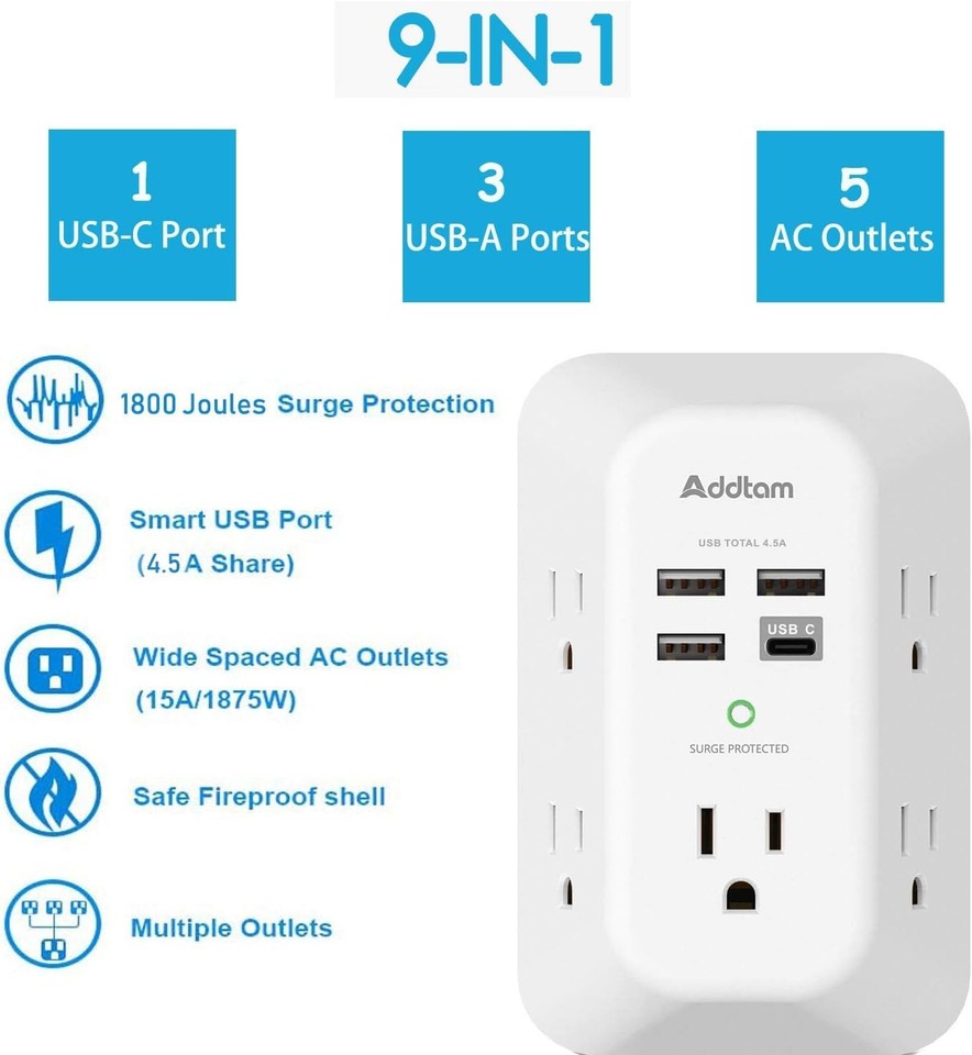 5 Outlet Extender Surge Protector Multi Plug Wall Adapter USB Charger ...
