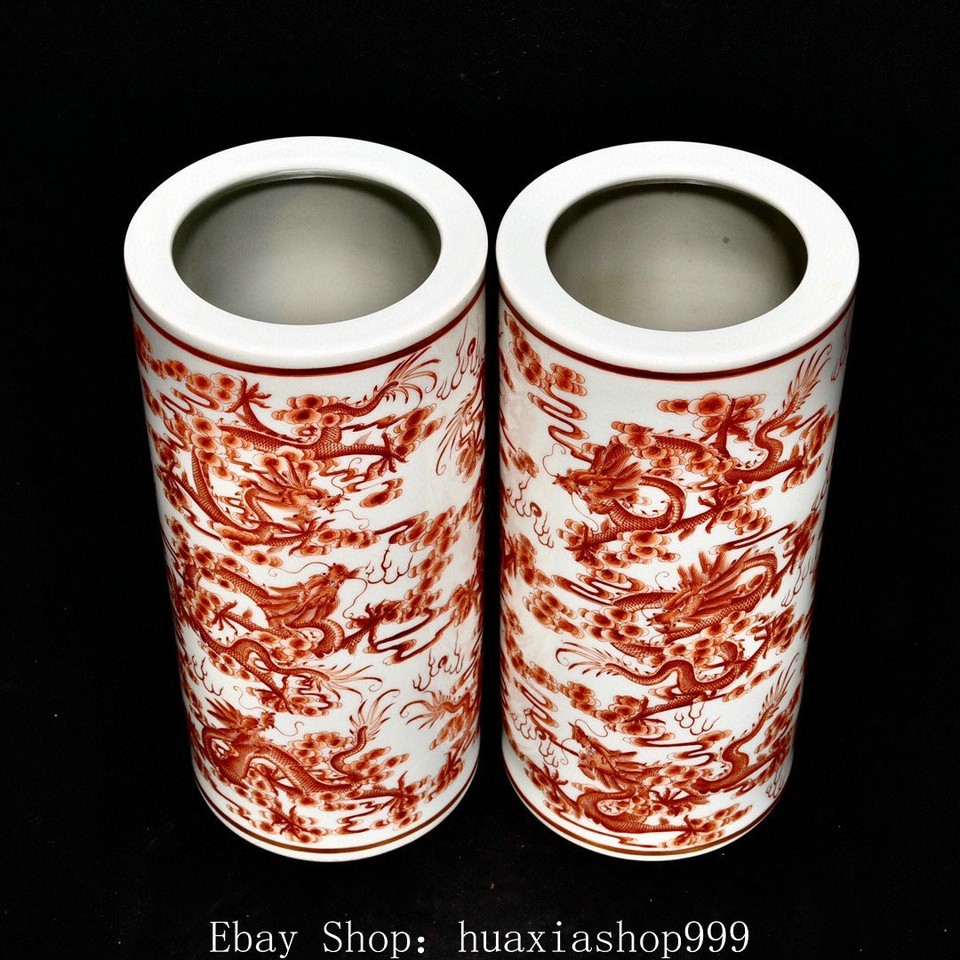 11''Qing Dynasty Alum Red Porcelain Dragon Loong Brush Pot pencil ...