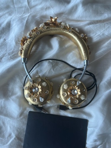 Dolce & Gabbana Gold Leather Floral Crystal Angel Headphones Orig $4200 ...