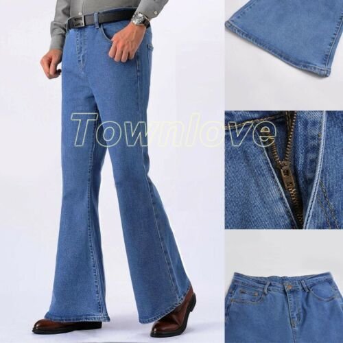 Men Bell Bottom Jeans Flared Denim Pants Retro 60s 70s Trousers Slim ...