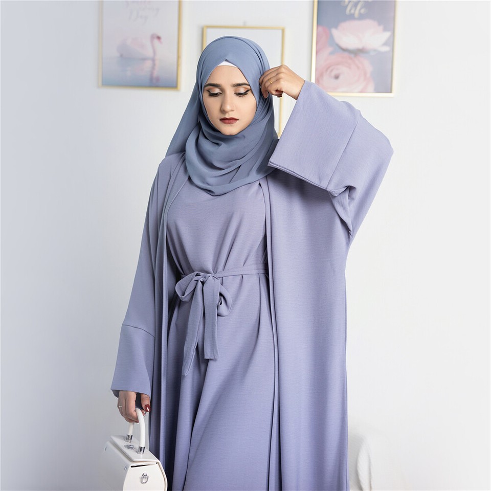 2 Piece Women Muslim Open Abaya Inner Dress Set Dubai Kimono Kaftan ...