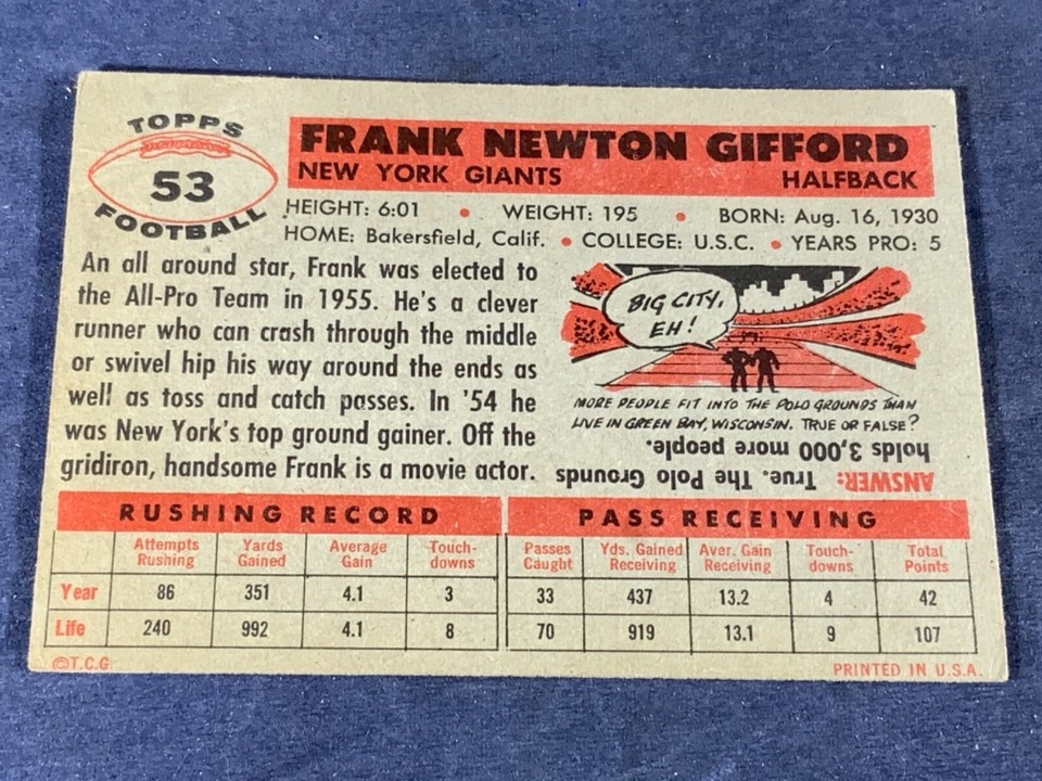A5-77 FOOTBALL CARD - FRANK GIFFORD NEW YORK GIANTS - 1956 TOPPS - CARD ...