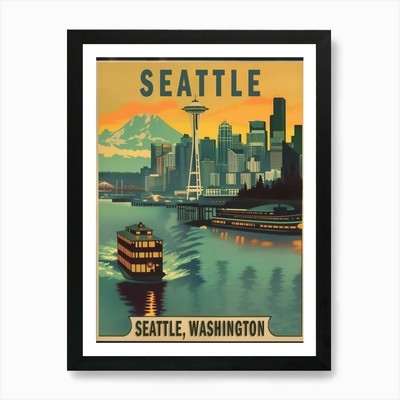 Seattle Vintage Travel Poster 3 Art Framed Wall Art Poster Canvas Print ...