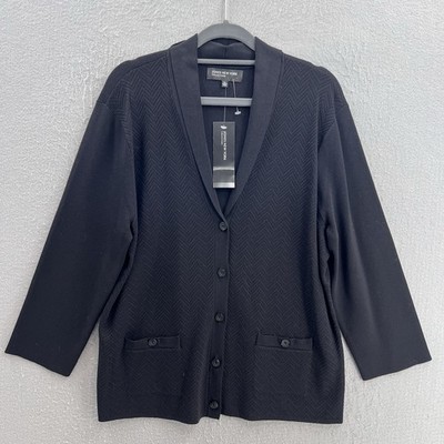 Jones New York Cardigan Womens XL Black V-Neck Knit Sweater Pockets 3/4 ...