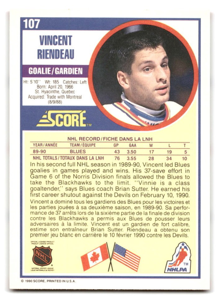Vincent Riendeau 1990 Score Canadian HOCKEY #107 St. Louis Blues | eBay
