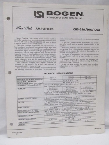 Bogen CHS-35A 60A 100A Flex Pak Amplifiers Manual Specifications Parts ...