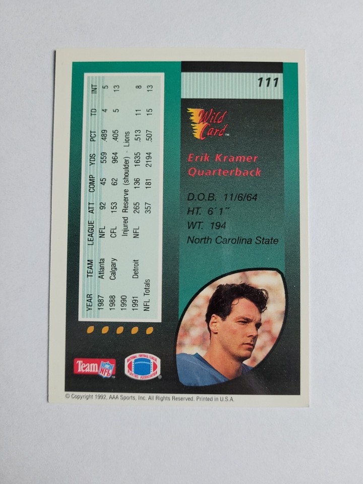1992 Wild Card Football #111 Erik Kramer | eBay