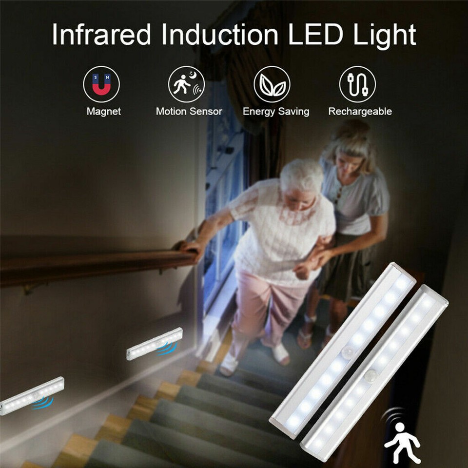 10 LED Closet Light USB Night Kitchen Rechargeable Motion Sensor Bar ...