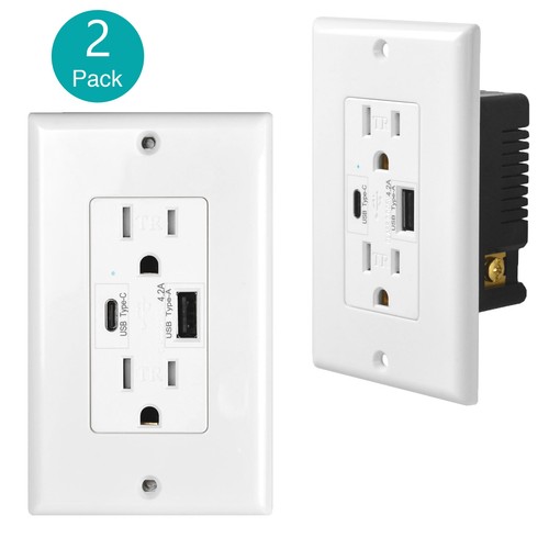 2PK 4.2A Dual USB Type-C Charger 15A Duplex Receptacle Wall Charger ...