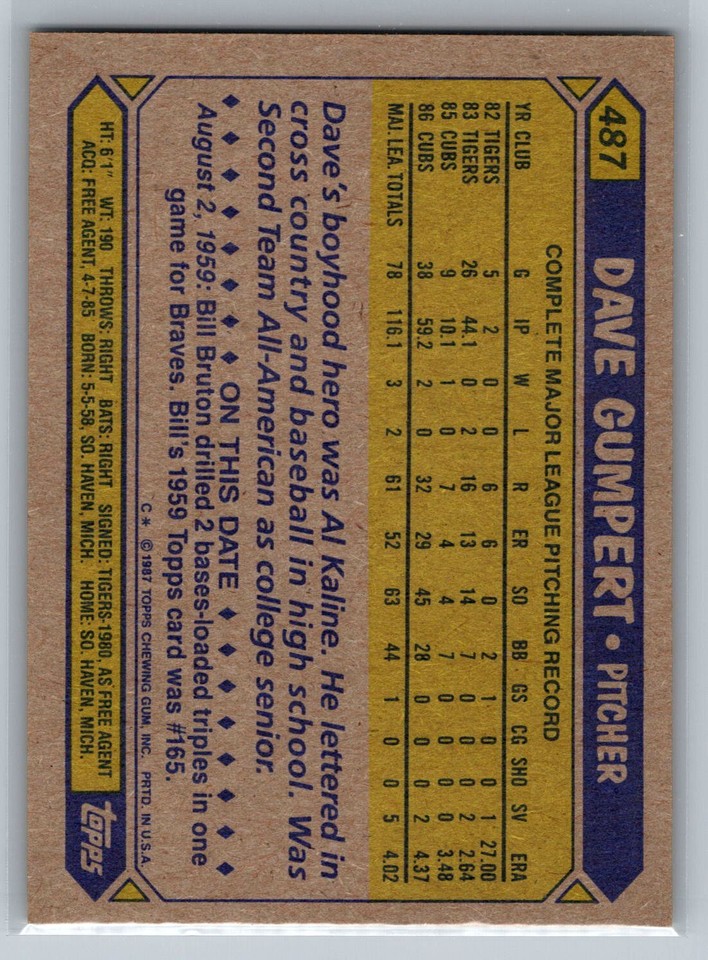 Dave Gumpert 1987 Topps Set Break BASEBALL #487 Chicago Cubs | eBay