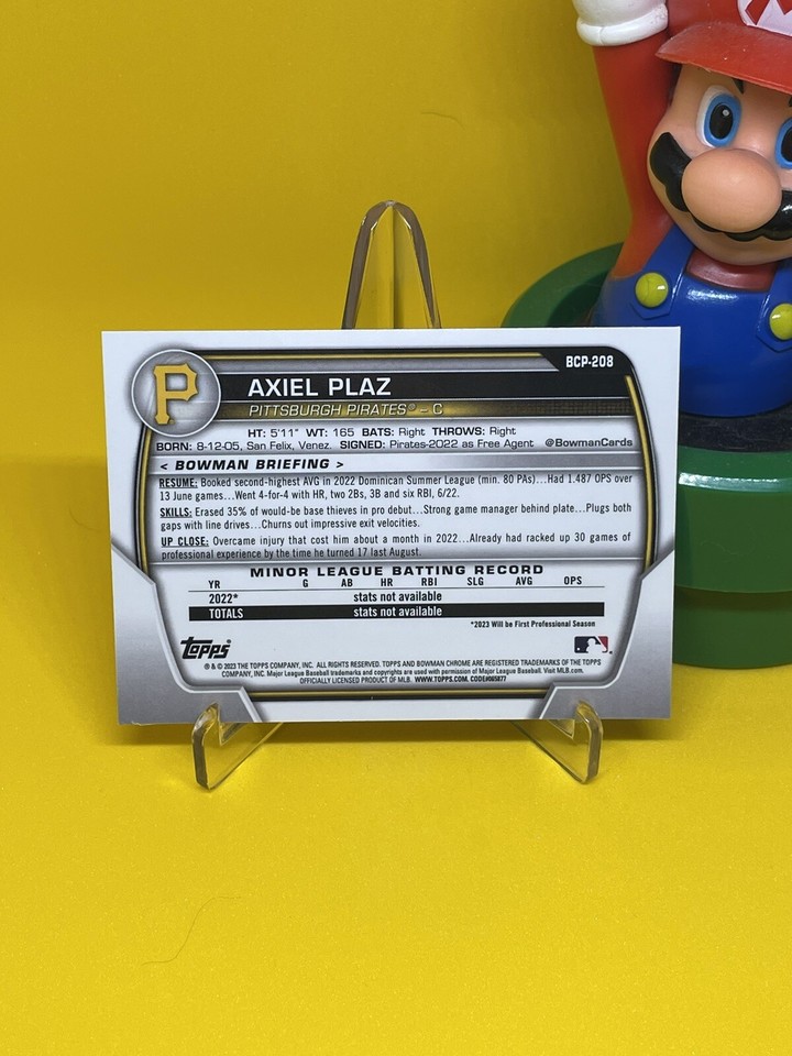 Axiel Plaz 2023 Bowman Chrome 1st Rookie #BCP-208 Pittsburgh Pirates Rc ...