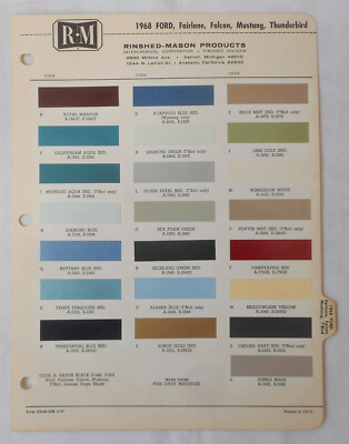 1968 FORD R-M COLOR PAINT CHIP CHART ALL MODELS MUSTANG | eBay
