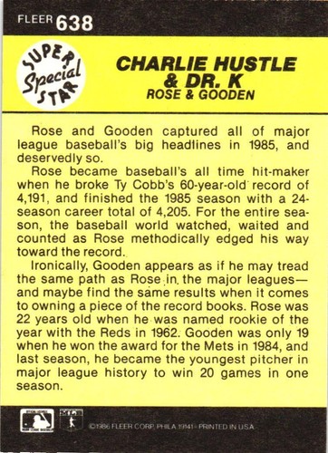 1986 Fleer #638 Charlie Hustle & Dr. K (Pete Rose / Dwight Gooden) | eBay