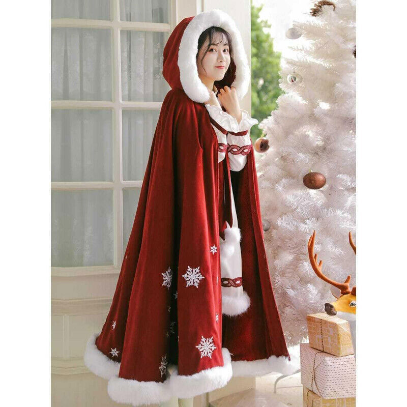 Lady Hooded Cloak Cape Jacket Faux Fur Edge Snowflake Christmas Poncho ...