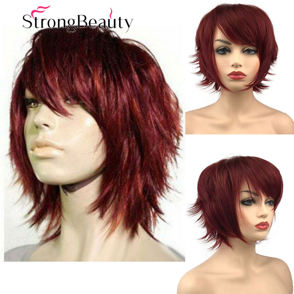 Short Straight Dark Red Women's Lady's Synthetic Hair Wig With Bangs ...
