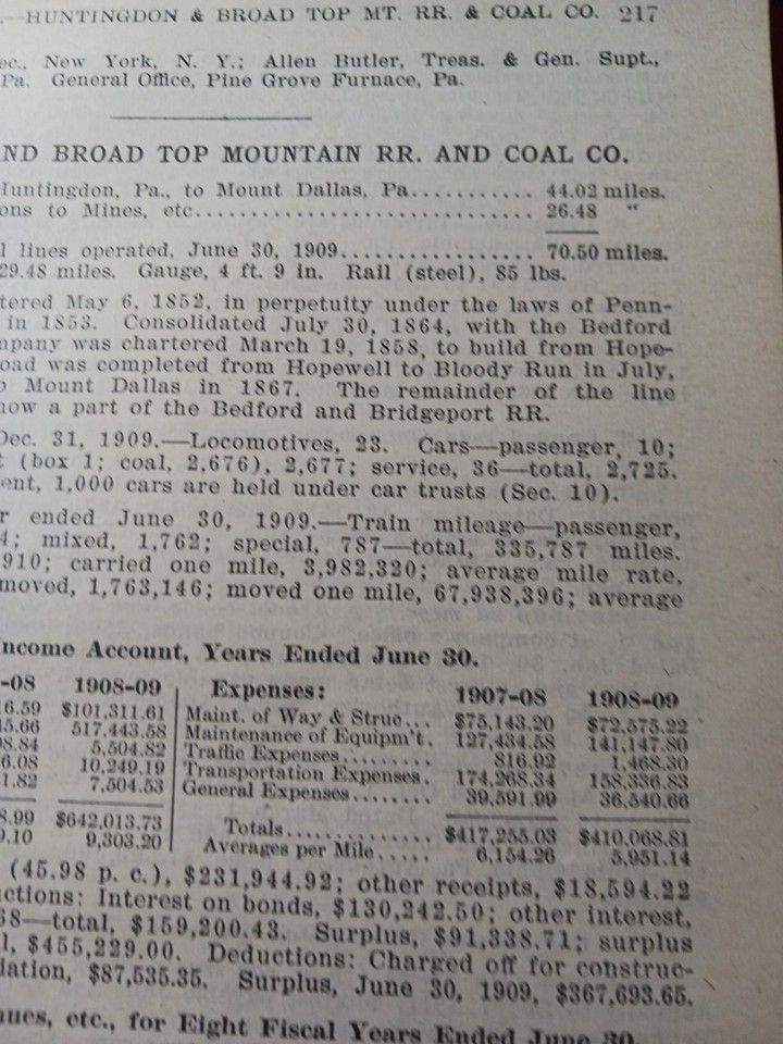 1910 Railroad Report HUNTINGTON & BROAD TOP MOUNTAIN RAILROAD AND COAL ...
