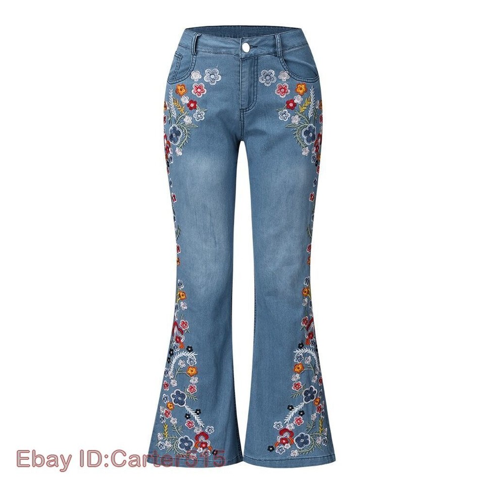 Women's High Waist Denim Jeans Stretch Bell Bottom Pants Flare Wide Leg ...