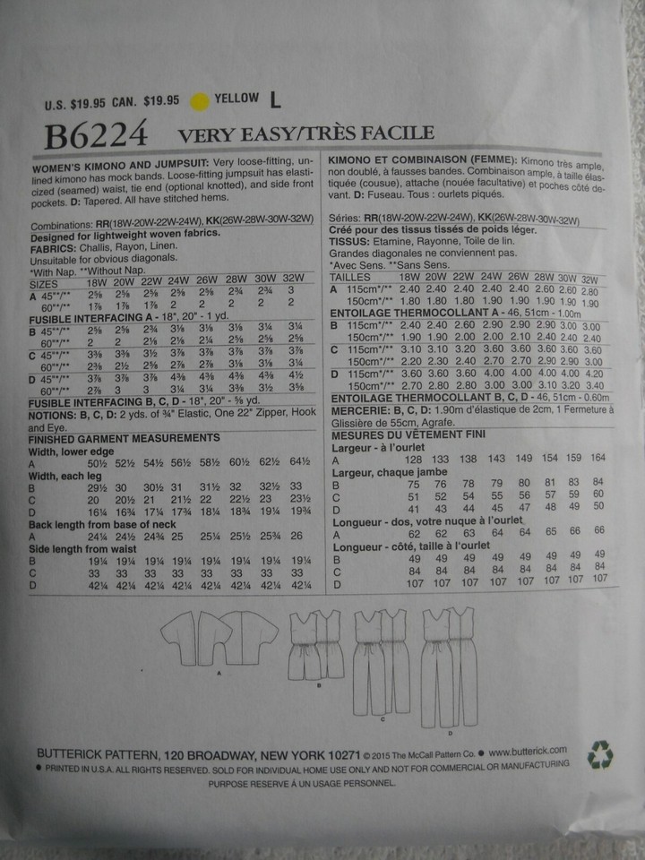 Kimono and Jumpsuit Women's 26w-32w Butterick 6224 Sewing Pattern | eBay