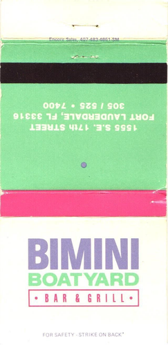 Fort Lauderdale Florida Bimini Boatyard Bar & Grill Vintage Matchbook ...