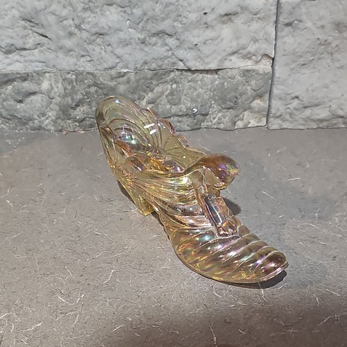 Vtg Fenton Amber Iridescent Carnival Glass Cat Shoe w/ Original Label ...