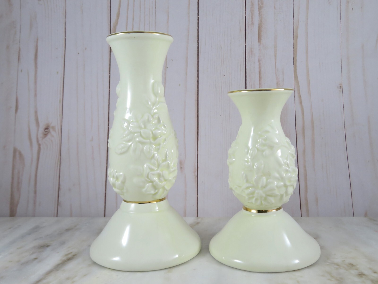 Ceramic Taper Candle Holders Pair Cream Color Embossed Botanicals By ...