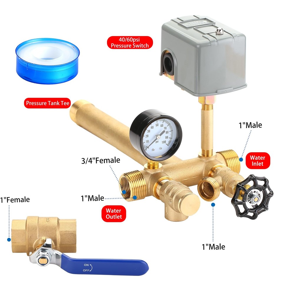 1"x 11"Well Pressure Tank Tee Kit with 40/60psi Pressure Switch,Brass ...