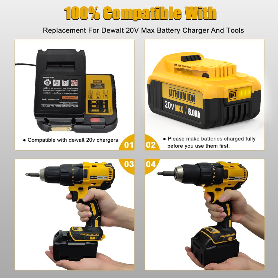 2x 8Ah For DeWalt 20V 20 Volt Max XR 8.0AH Lithium Ion Battery DCB206-2 ...