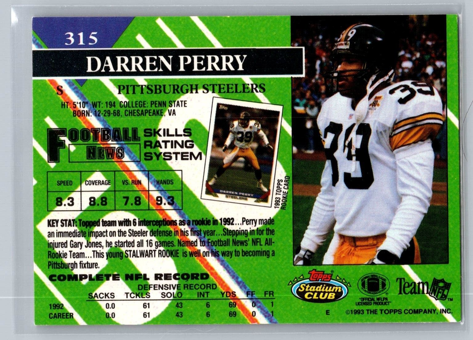 1993 TOPPS STADIUM CLUB CARD # 315 Darren Perry - Pittsburgh Steelers ...
