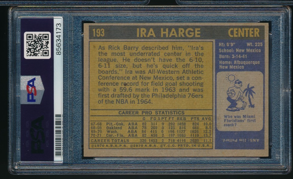 1971-72 Topps ABA #193 Ira Harge signed auto autograph PSA/DNA EXMT w ...