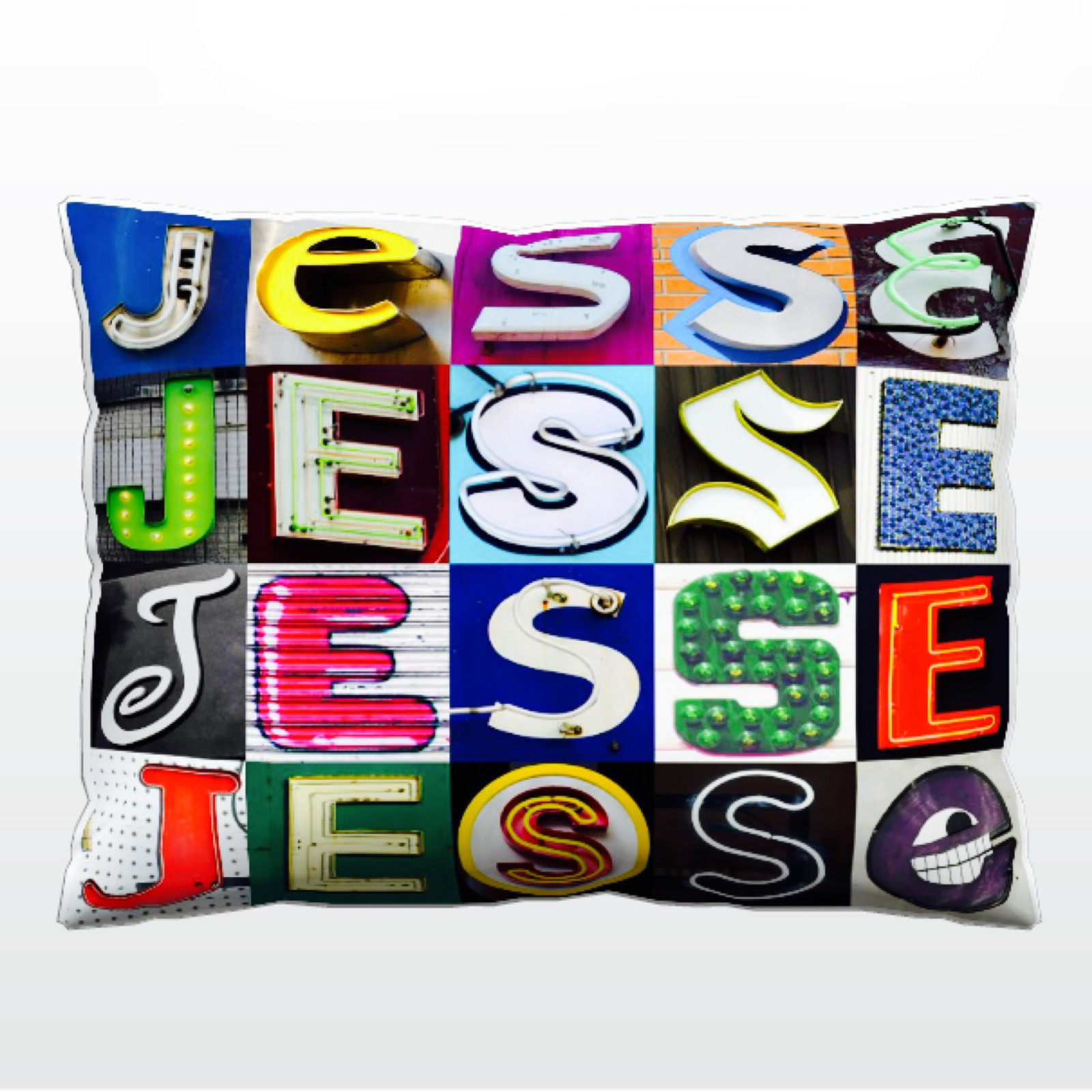 Personalized Pillow featuring the name JESSE in photos of sign letters ...
