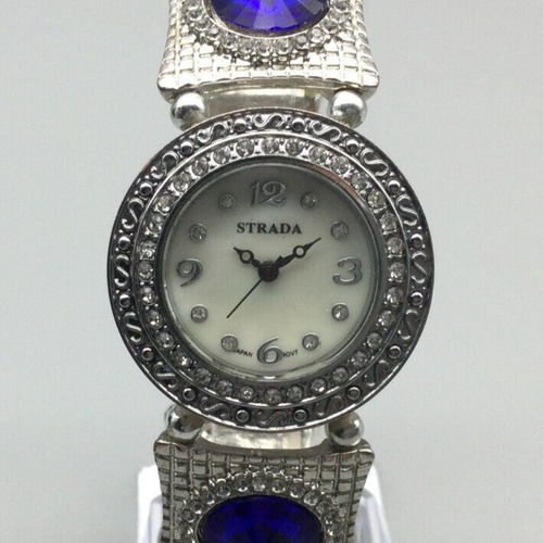 Strada Watch Women 32mm Silver Tone Blue Bling MOP Dial Stretch Band ...