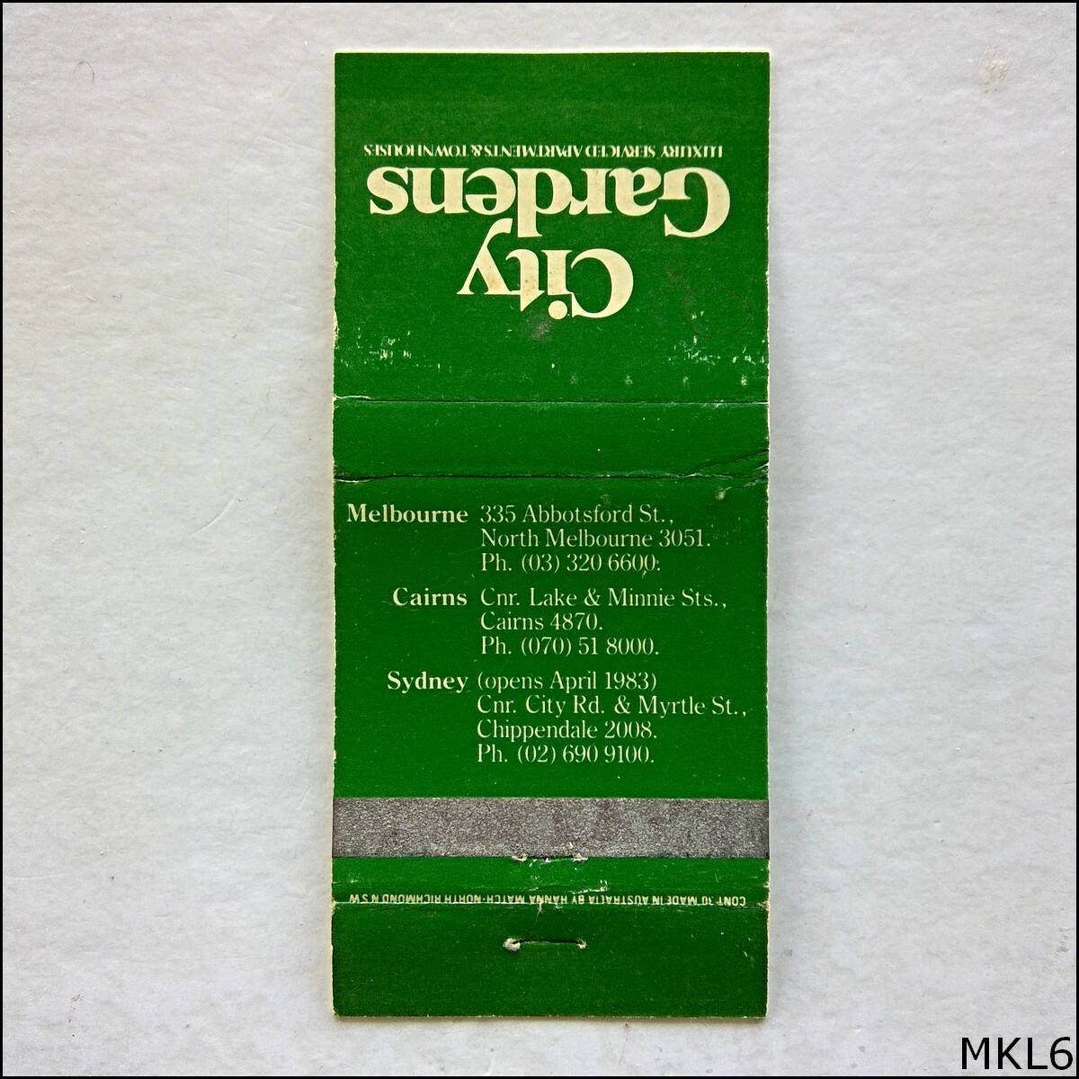 City Gardens Luxury Serviced Apartments & Townhouses Matchbook Label ...