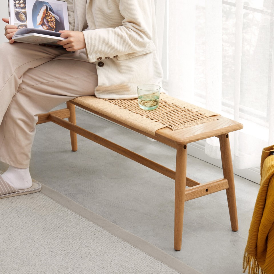 31.5" End of Bed Bench Woven Seat Natural Oak Wood Vintage for Entryway ...